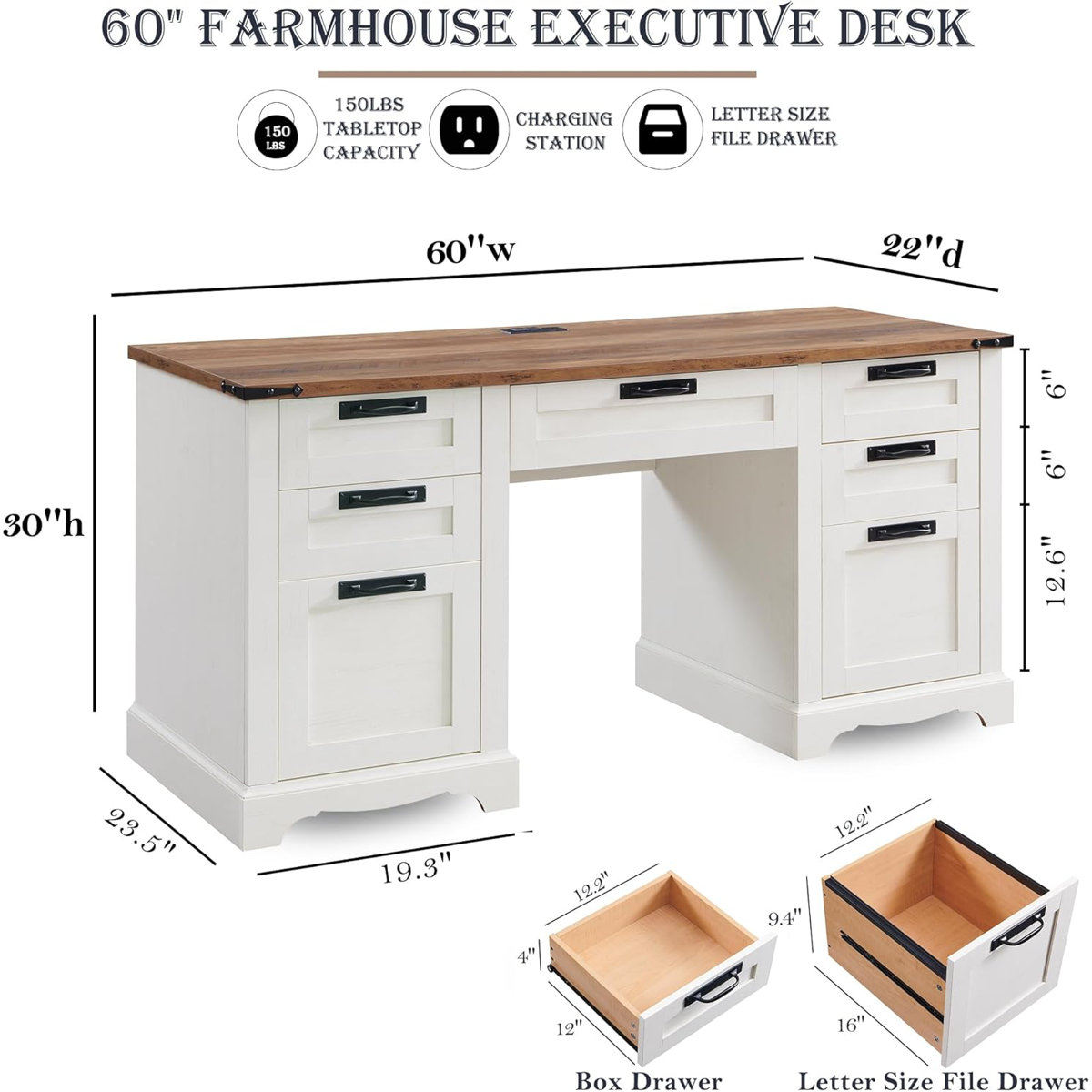 August Grove® Deserey 60" Farmhouse Executive Desk With Drawers,Wood Home Office Desk With ...
